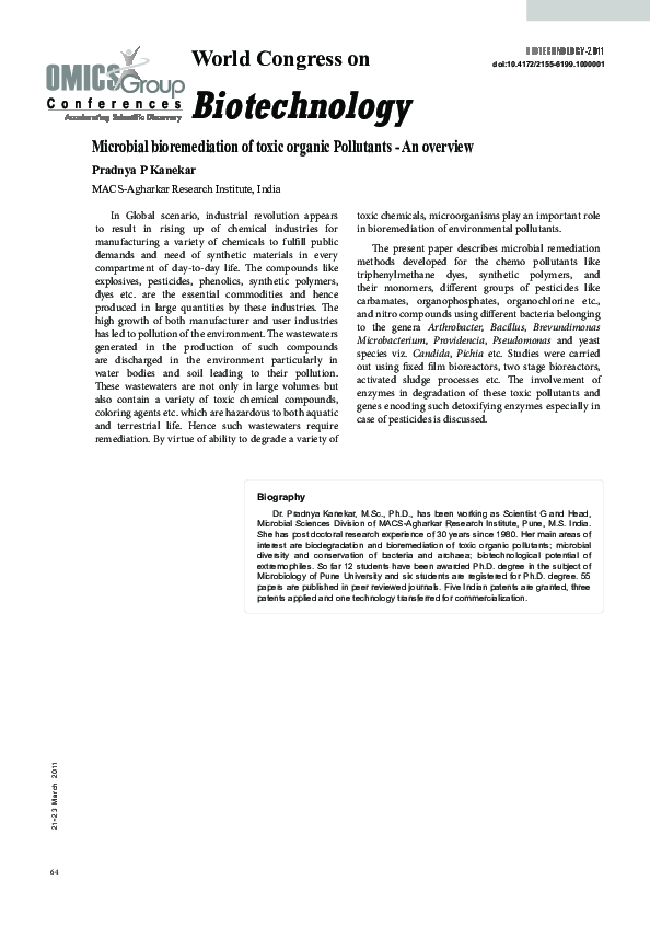 (PDF) Microbial bioremediation of toxic organic Pollutants - An overview