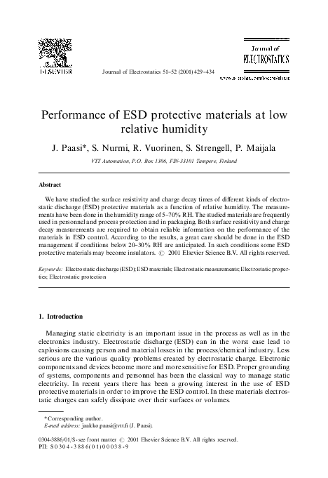(PDF) Performance of ESD protective materials at low relative humidity
