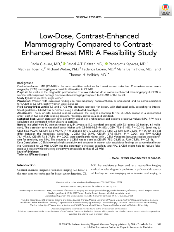 (PDF) Low‐Dose, Contrast‐Enhanced Mammography Compared to Contrast‐Enhanced Breast MRI: A ...