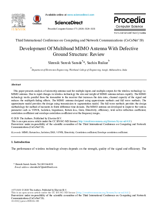 Pdf Development Of Multi Band Mimo Antenna With Defected Ground Structure