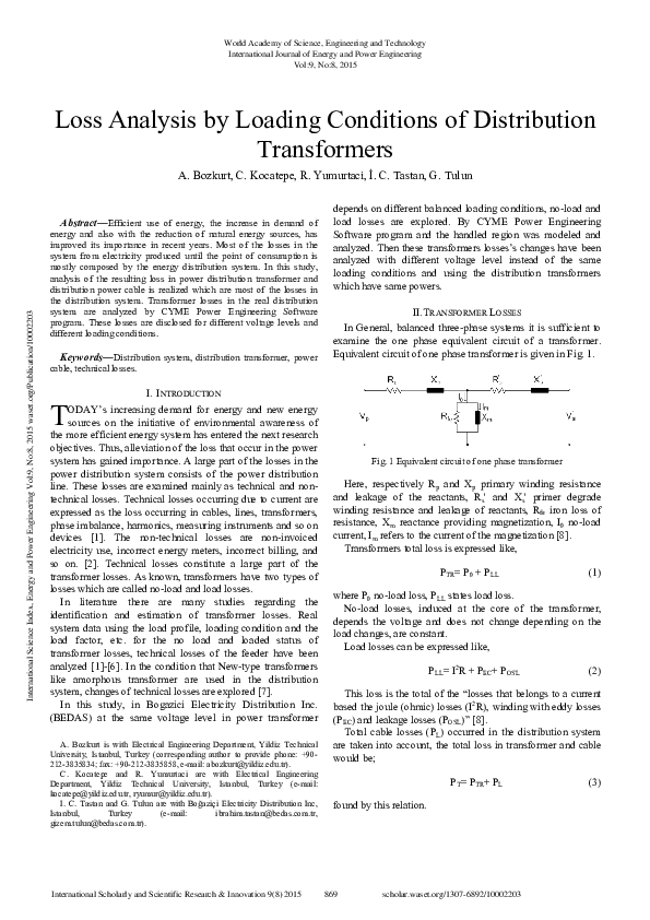 (PDF) Loss Analysis By Loading Conditions Of Distribution Transformers