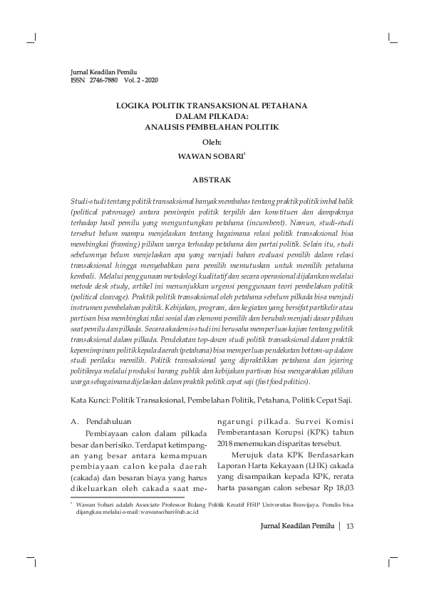 (PDF) Logika Politik Transaksional Petahana Dalam Pilkada: Analisis ...