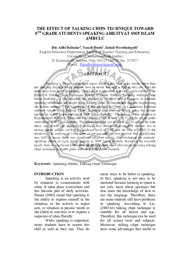 (PDF) The Effect of Talking Chips Technique Toward