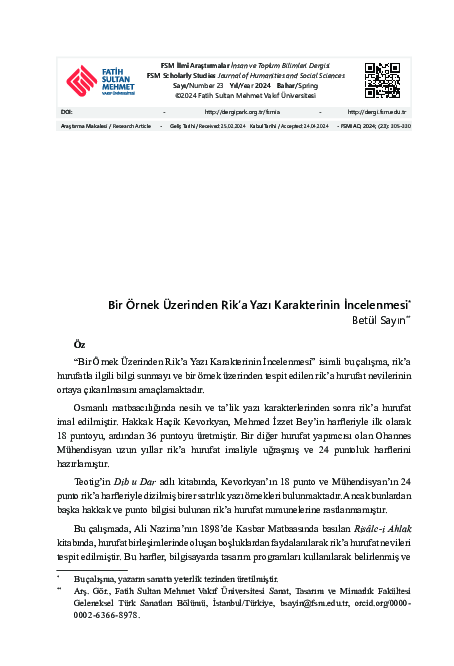 (PDF) Bir Örnek Üzerinden Rik’a Yazı Karakterinin İncelenmesi