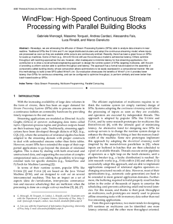 (PDF) WindFlow: High-Speed Continuous Stream Processing With Parallel Building Blocks