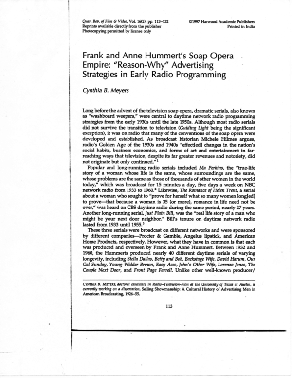 (PDF) Frank and Anne Hummert's Soap Opera Empire: Reason-Why ...