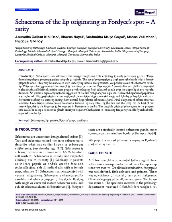 (PDF) Sebaceoma of the lip originating in Fordyce’s spot – a rarity