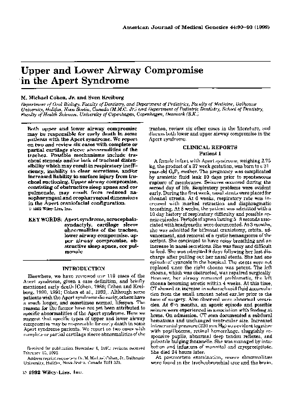 (PDF) Upper and lower airway compromise in the apert syndrome | Sven ...