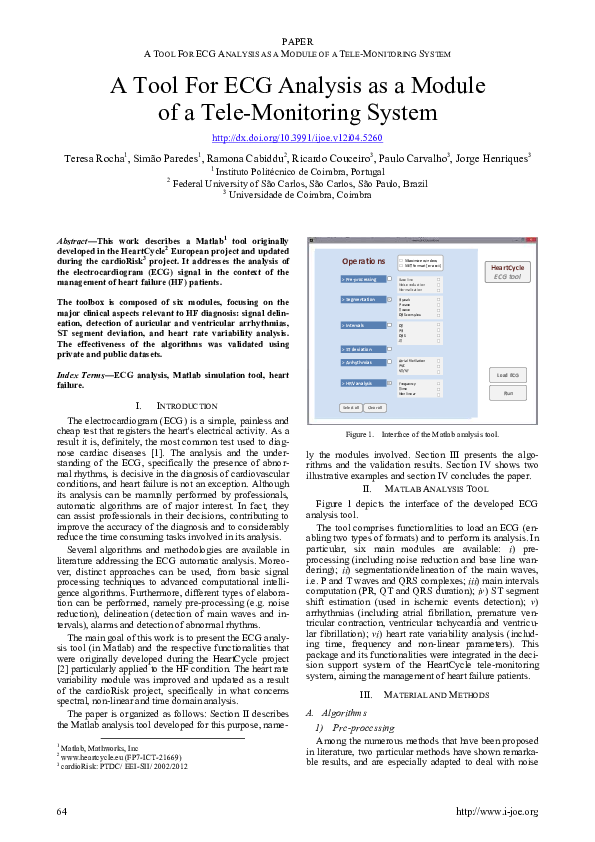 (PDF) A Tool For ECG Analysis as a Module of a Tele-Monitoring System
