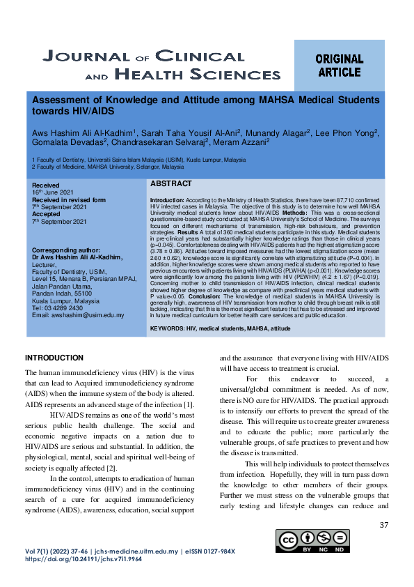 (PDF) Assessment of Knowledge and Attitude among MAHSA Medical Students ...
