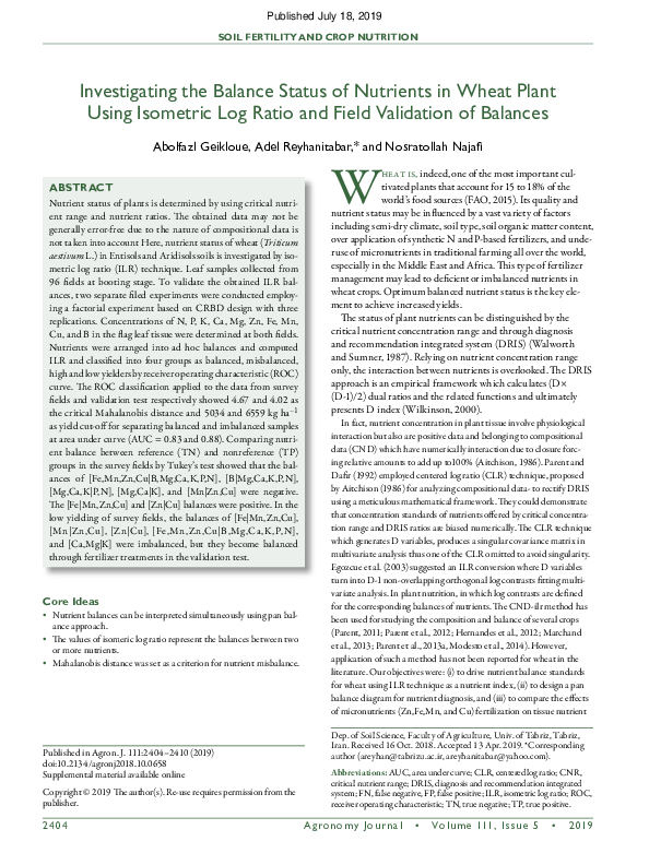 (PDF) Investigating the Balance Status of Nutrients in Wheat Plant Using Isometric Log Ratio and ...