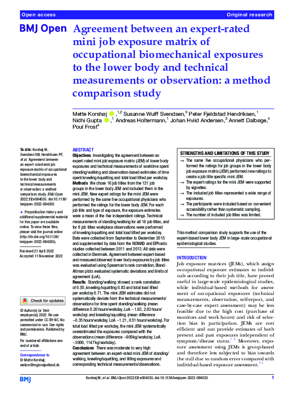(PDF) Agreement between an expert-rated mini job exposure matrix of ...