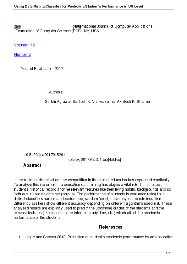 (PDF) Using Data Mining Classifier for Predicting Student’s Performance in UG Level