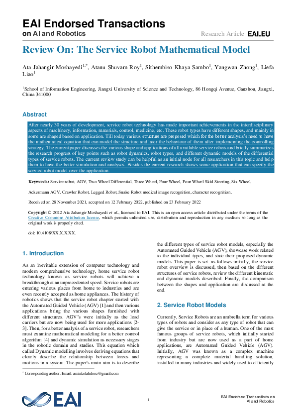 (PDF) Review On: The Service Robot Mathematical Model