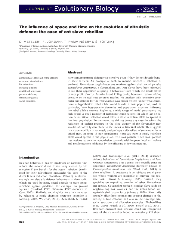(PDF) The influence of space and time on the evolution of altruistic ...