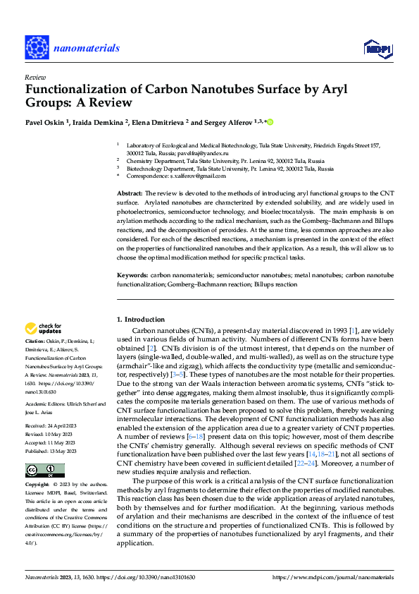 (PDF) Functionalization of Carbon Nanotubes Surface by Aryl Groups: A Review