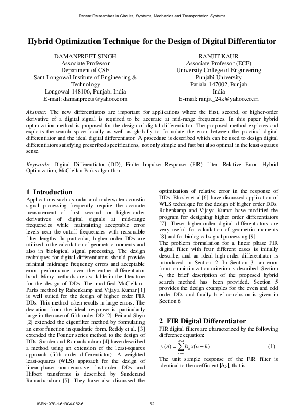 (PDF) Hybrid optimization technique for the design of digital differentiator