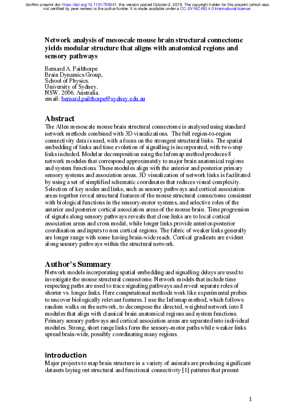 (PDF) Network analysis of mesoscale mouse brain structural connectome yields modular structure ...