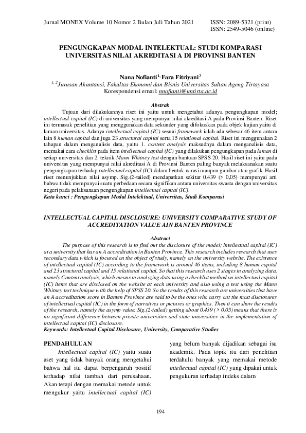 (PDF) Pengungkapan Modal Intelektual: Studi Komparasi Universitas Nilai Akreditasi A di Provinsi ...