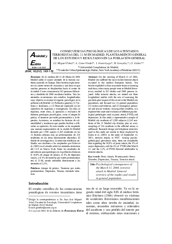 (PDF) Consecuencias psicológicas de los atentados terroristas del 11-M en Madrid. Planteamiento ...