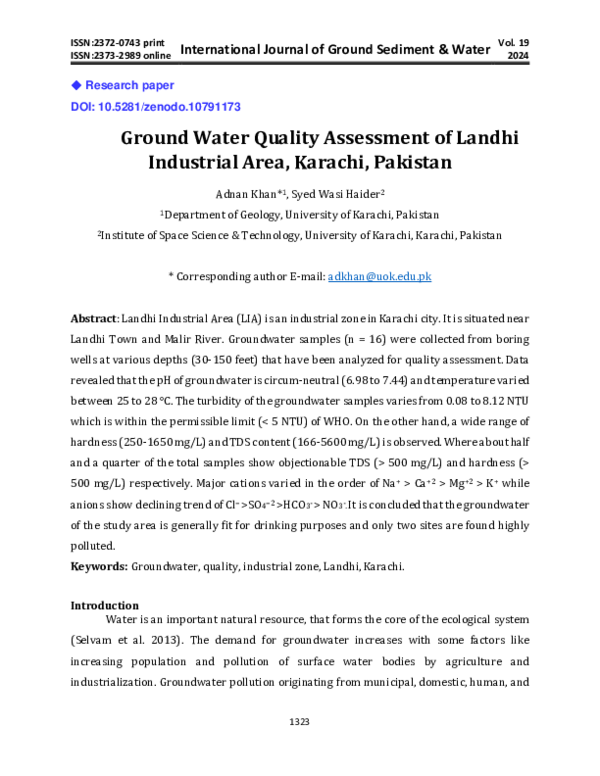 (PDF) Ground Water Quality Assessment of Landhi Industrial Area, Karachi, Pakistan