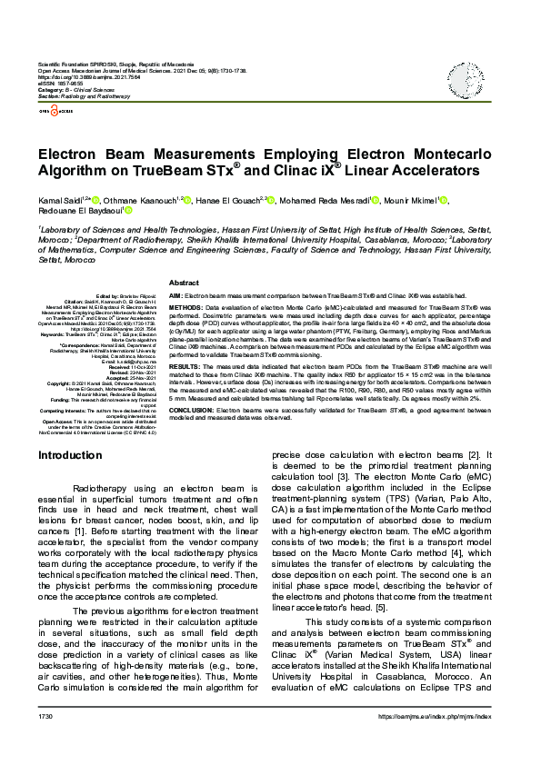 (PDF) Electron Beam Measurements Employing Electron Montecarlo Algorithm on TrueBeam STx® and ...