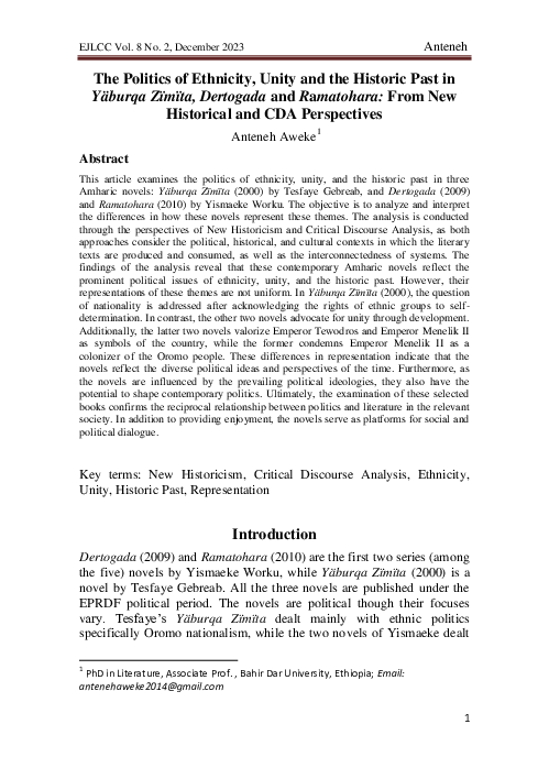 (PDF) The Politics of Ethnicity, Unity and the Historic Past in Yäburqa ...