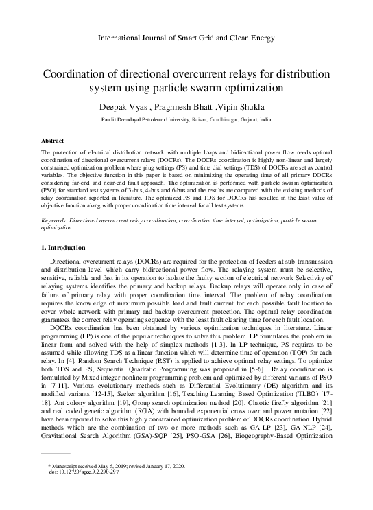 Pdf Coordination Of Directional Overcurrent Relays For Distribution System Using Particle