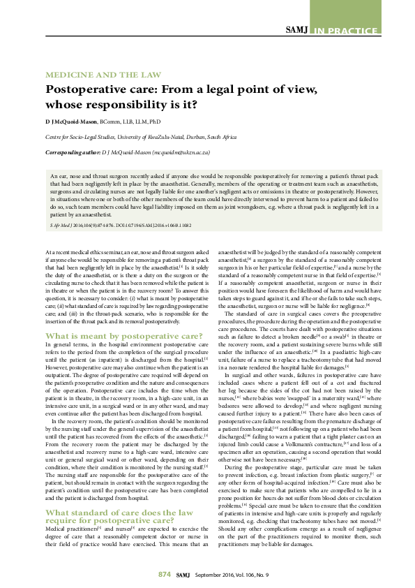 (PDF) Postoperative care: From a legal point of view, whose ...
