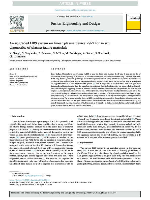 (PDF) An upgraded LIBS system on linear plasma device PSI-2 for in situ ...