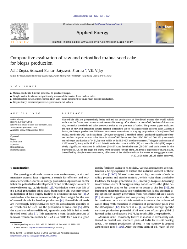 (PDF) Comparative evaluation of raw and detoxified mahua seed cake for biogas production