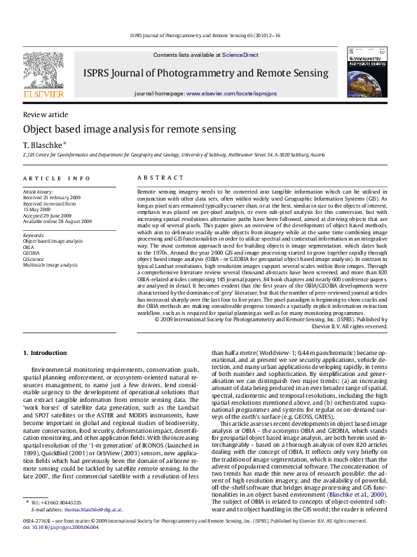 (PDF) Object based image analysis for remote sensing
