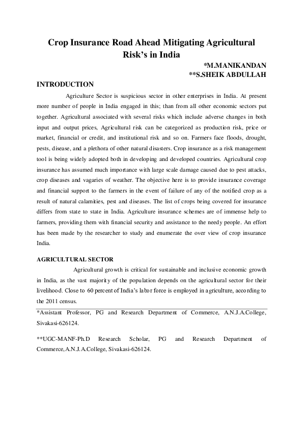 (PDF) Crop Insurance Road Ahead Mitigating Agricultural Risk's in India