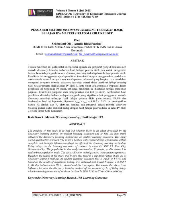 (PDF) Pengaruh Metode Discovery Learning Terhadap Hasil Belajar Ipa Materi Siklus Makhluk Hidup