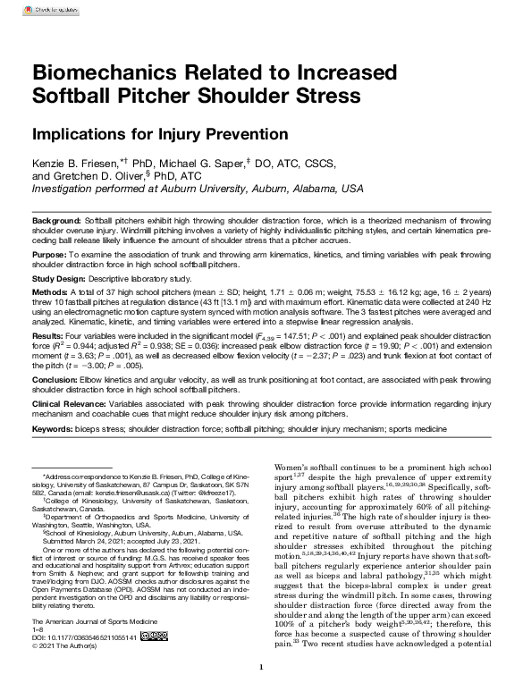 (PDF) Biomechanics Related to Increased Softball Pitcher Shoulder ...