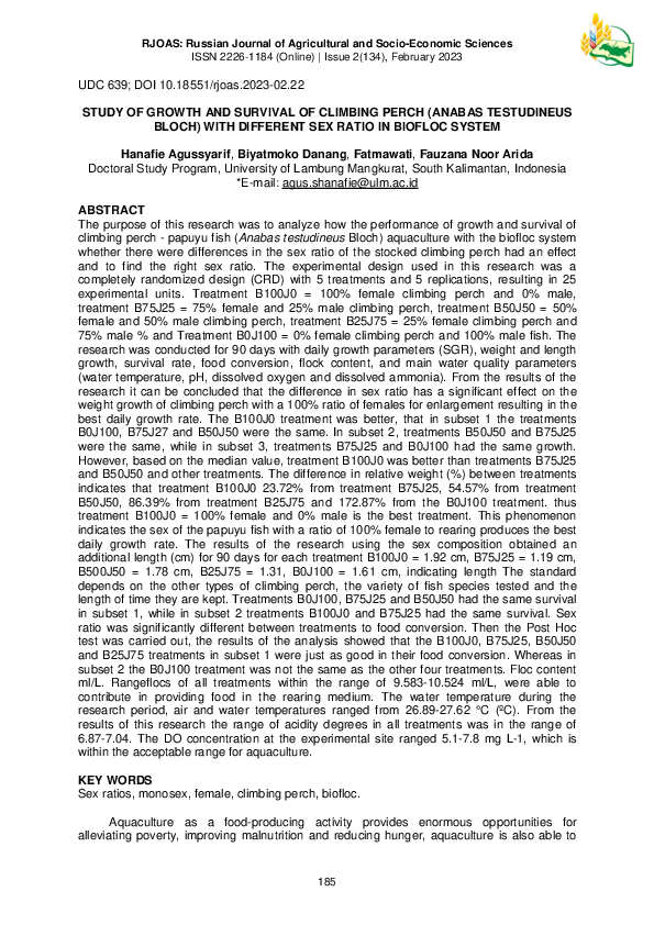 (PDF) Study of Growth and Survival of Climbing Perch (Anabas ...