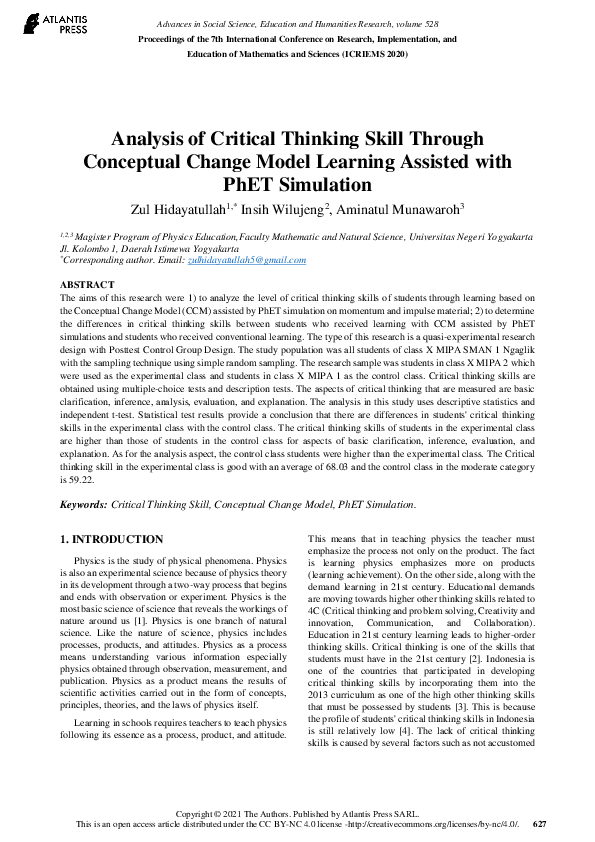 (PDF) Analysis of Critical Thinking Skill Through Conceptual Change Model Learning Assisted with ...