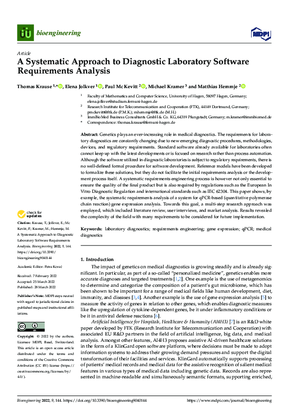 (PDF) A Systematic Approach to Diagnostic Laboratory Software Requirements Analysis