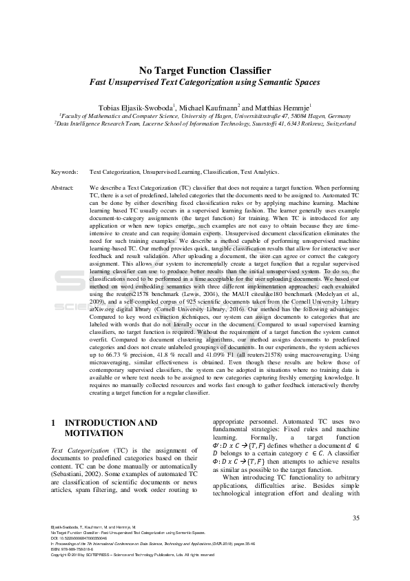 Pdf No Target Function Classifier Fast Unsupervised Text Categorization Using Semantic Spaces