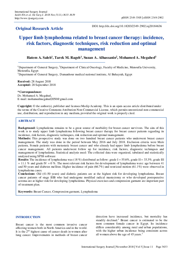 (PDF) Upper limb lymphedema related to breast cancer therapy: incidence ...