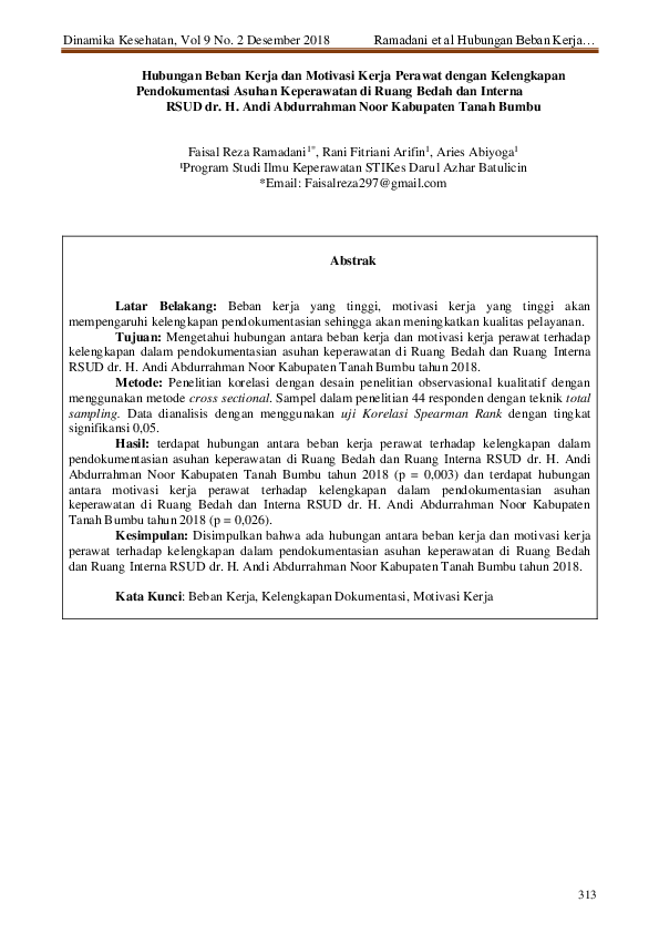 (PDF) Hubungan Beban Kerja dan Motivasi Kerja Perawat dengan Kelengkapan Pendokumentasi Asuhan ...