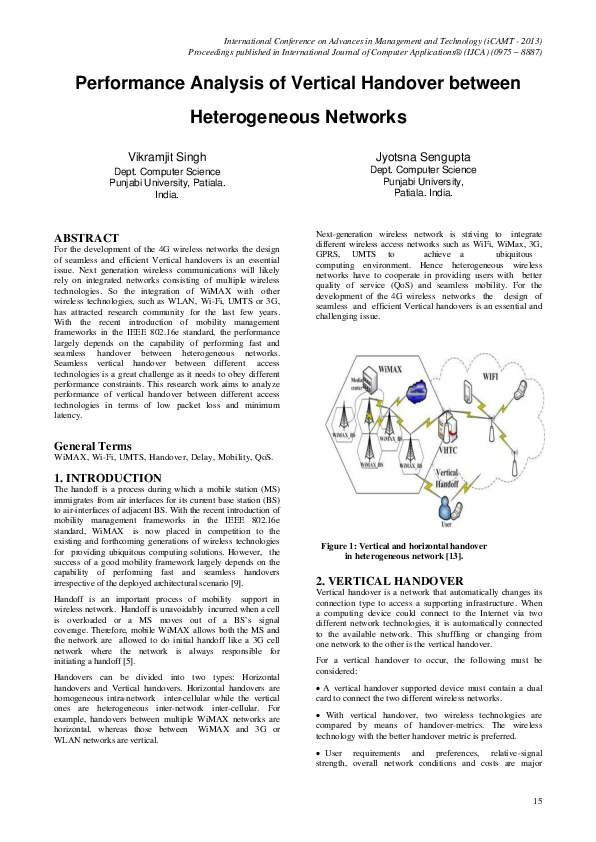 (PDF) Performance Analysis of Vertical Handover between Heterogeneous Networks
