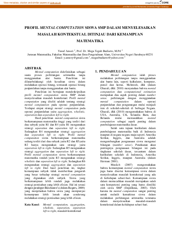 (PDF) Profil Mental Computation Siswa SMP Dalam Menyelesaikan Masalah Kontekstual Ditinjau Dari ...