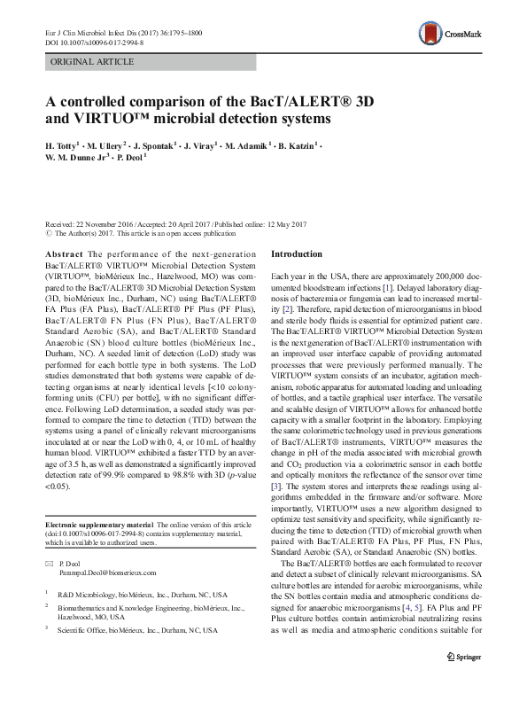 (PDF) A controlled comparison of the BacT/ALERT® 3D and VIRTUO ...