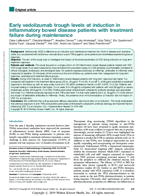 (PDF) Early vedolizumab trough levels at induction in inflammatory bowel disease patients with ...