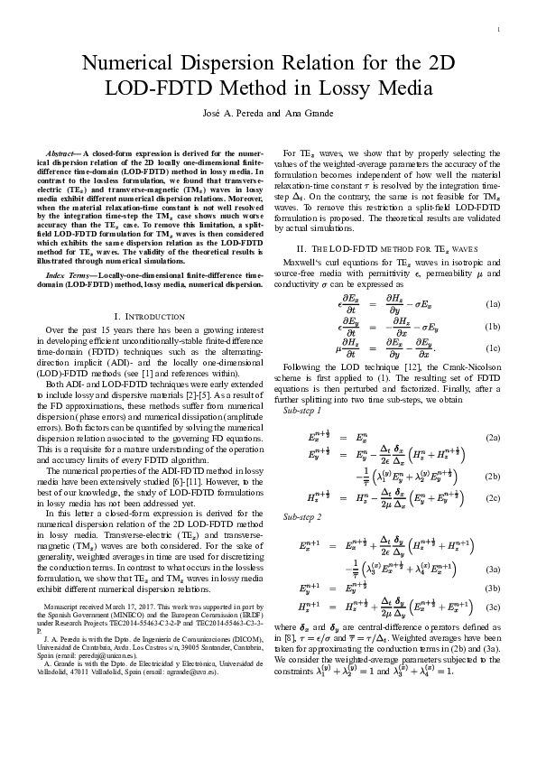 (PDF) Numerical Dispersion Relation for the 2-D LOD-FDTD Method in Lossy Media