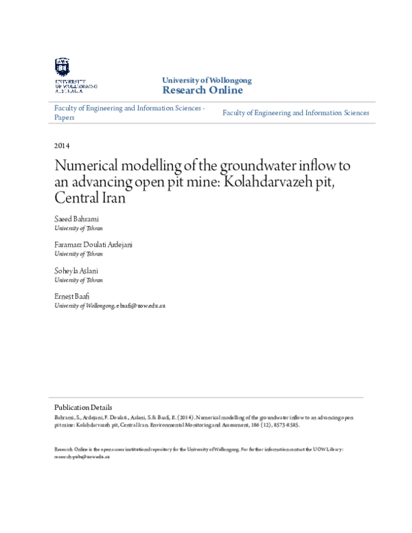 (PDF) Numerical modelling of the groundwater inflow to an advancing open pit mine: Kolahdarvazeh ...
