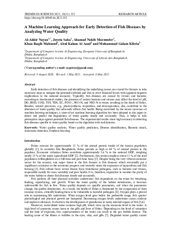 (PDF) Early Detection of Fish Diseases by Analyzing Water Quality Using Machine Learning Algorithm