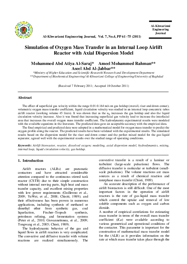 (PDF) Simulation of Oxygen Mass Transfer in an Internal Loop Airlift ...