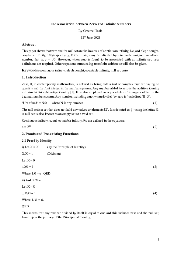 (PDF) The Association between Zero and Infinite Numbers